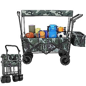 Arlopu Collapsible Garden Cart w/Removable Canopy, Extra Large Folding Utility Wagon Carts w/7" Wheels, Heavy Duty Outdoor All Terrain Beach Wagon for Camping, Shopping, Picnic, Sports (Camouflage)