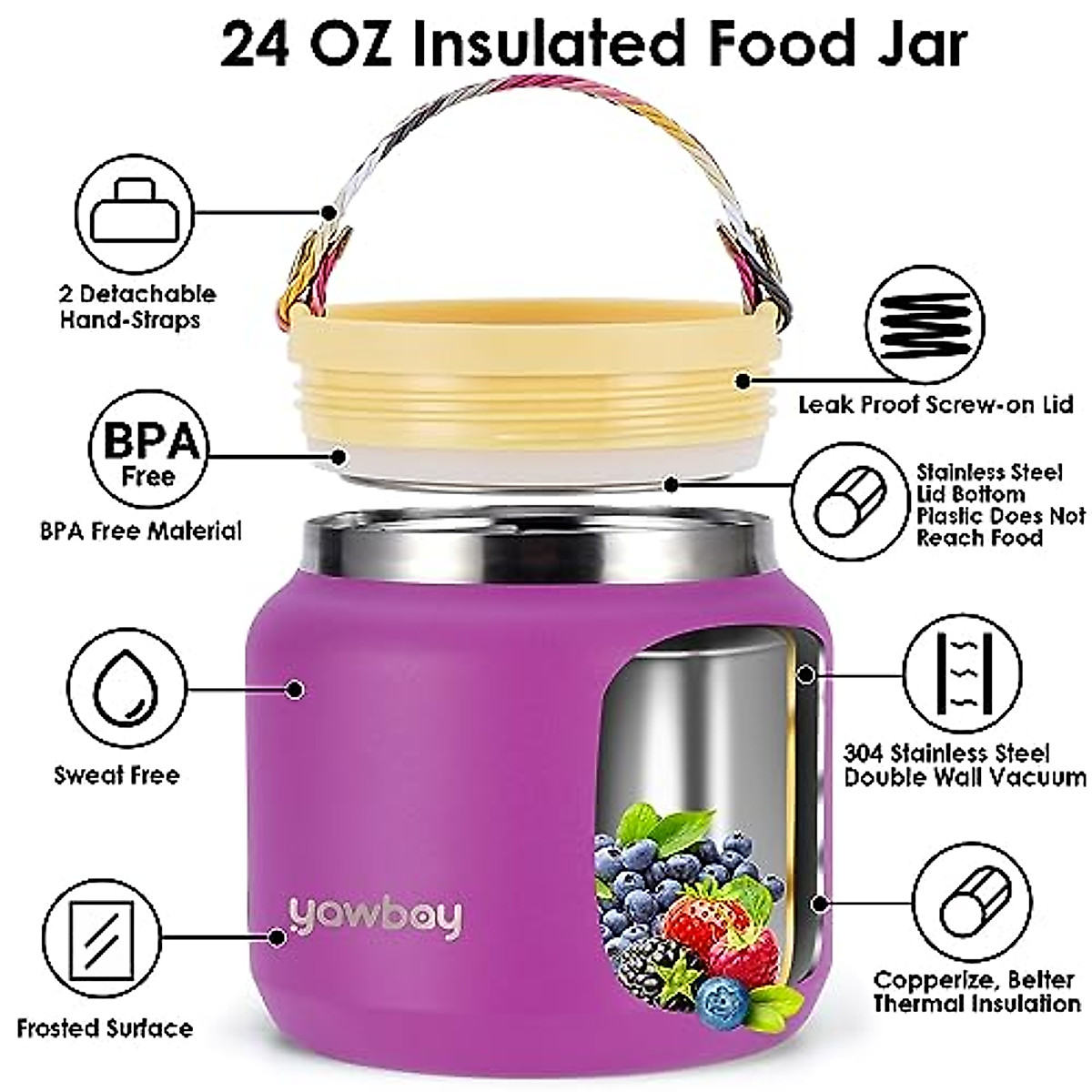 Insulated Food Jar,24 OZ Leakproof Soup Thermos for Adults with 2 Detachable Handles,Stainless Steel Wide Mouth Vacuum Thermal Insulated Food Container for Hot & Cold Food with Portable Lid(Rose Pink)
