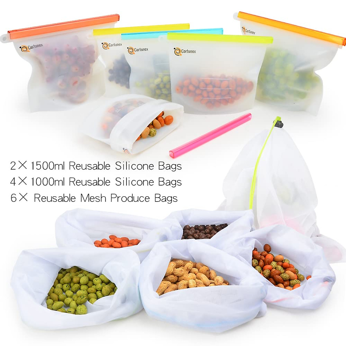 Reusable Silicone Food Storage Bags | 100% Food Grade Silicone Bags | LEAKPROOF, AIRTIGHT | Keep Fruit, Snacks, Veggie, Sandwich FRESH | Set Of 6 Bundle With 6 Reusable Mesh Produce Bags