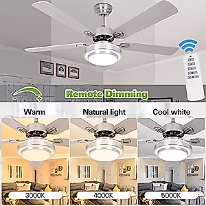 hykolity 52 Inch Ceiling Fans with Lights (Integrated LED) Remote Control, Reversible Motor and Blades, ETL Listed, for Patio Living Room, Bedroom, Office - Brushed Nickel (5-Blades)