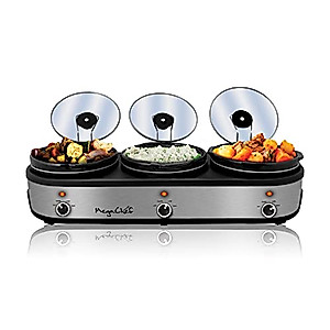 MegaChef Warmer Elite 2.5 Quart Slow Cooker and Buffet Server in Brushed Silver and Black Finish with 3 Ceramic Cooking Pots and Removable Lid Rests
