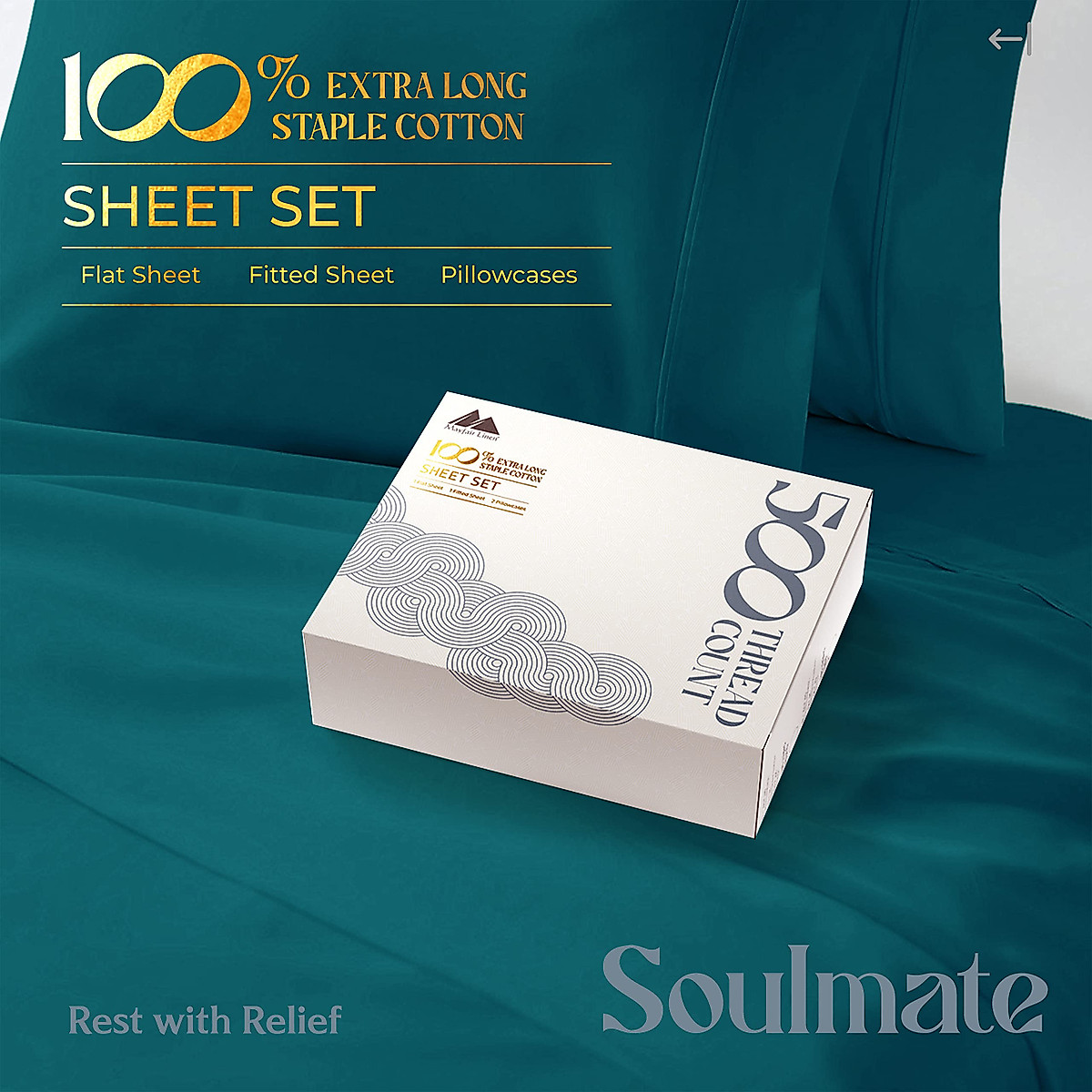 Mayfair Linen 500 Thread Count Twin Cotton Sheets - 3 PC Twin Size Bed Sheet Set Cotton (Teal), Ultra Soft, Cooling, Sateen Hotel-Quality 16" Deep Pocket Bedsheet for Hot Sleepers (Fits 18" Mattress)