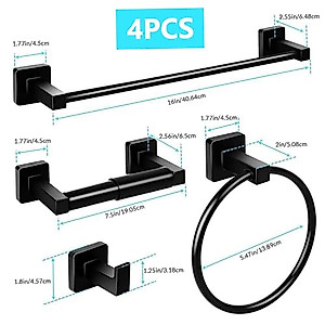 Lamppdcor Towel Rack Set Bathroom Towel Rack Set, 4-Piece Stainless Steel Black Towel Bar Set Includes 16in Hand Towel Bar, Towel Ring, Robe Towel Hooks, Adjustable Toilet Paper Holder