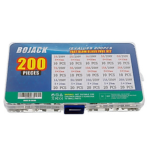 BOJACK 15 Values 200 pcs Fast-Blow Glass Fuses Assortment Kit 5x20mm 250V 1 5 10 15 20A 6x30mm 250V 1 2 3 5 6 7 8 10 15 20A amp packag in a Clear Plastic Box