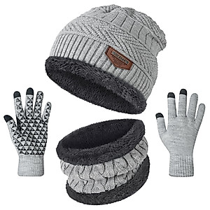 Winter Beanie Hats Scarf Gloves Set Thick Warm Slouchy Beanies Hat Knit Skull Cap Neck Warmer for Men Women, Light Grey