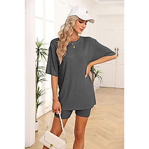 BEKOFO Pajamas 2 Piece Lounge Sets Ribbed Knit T-shirt Biker Shorts Loungewear Pjs Black Gray X-Large