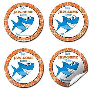 You’re Jawsome Smiling Shark Valentine Party Favor Sticker Labels, 40 2" Party Circle Stickers by AmandaCreation, Great for Classroom Valentines, Envelope Seals, Gifts & Treats