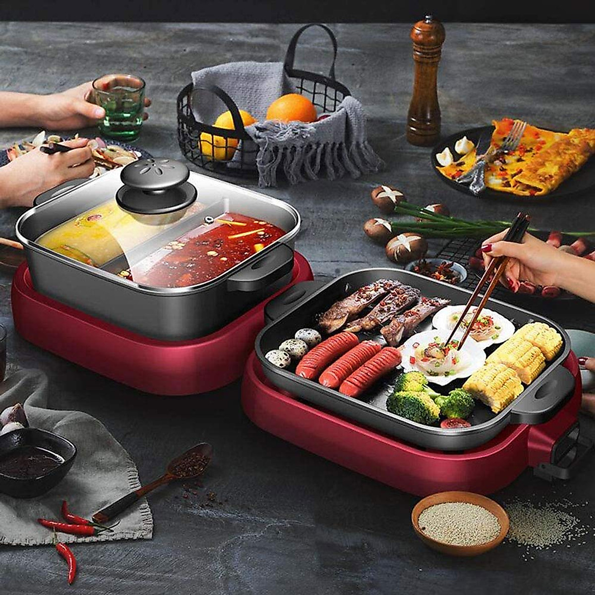Electric Frying Pan Electric Skillet Multi-Function Two-in- Electric Smokeless Baking Pan Home Barbecue Hot Pot Body Pot