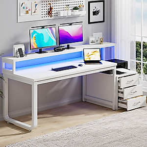 White Desk with 3 Drawers, 67 Inch White Computer Desk with Long Hutch, Home Office Desk with Storage, Home Office Desk with LED Light and Printer Stand, Heavy Duty Leg, Monitor Shelf for Bedroom