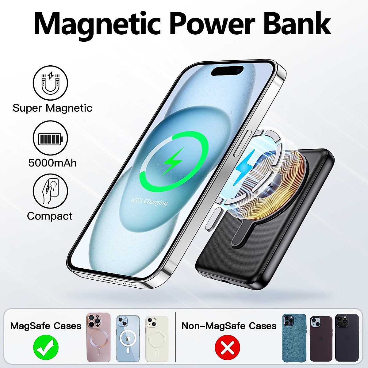 kurdene Wireless Portable Charger, 3 in 1 Magnetic Power Bank Compatible with iWatch Charger,5000mAh Mag-Safe Batteries Pack,Compatible with iPhone 15/14/13/12 Series, Apple Watch, Airpods-Black
