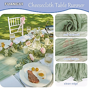 FUANGUI 6 Pack 35x120 Inches Sage Green Cheesecloth Table Runner 10Ft for Baby Shower Wedding Birthday Fall Decoration, Boho Gauze Fabric Rustic Sheer Romantic Cheese Cloth Table Runner