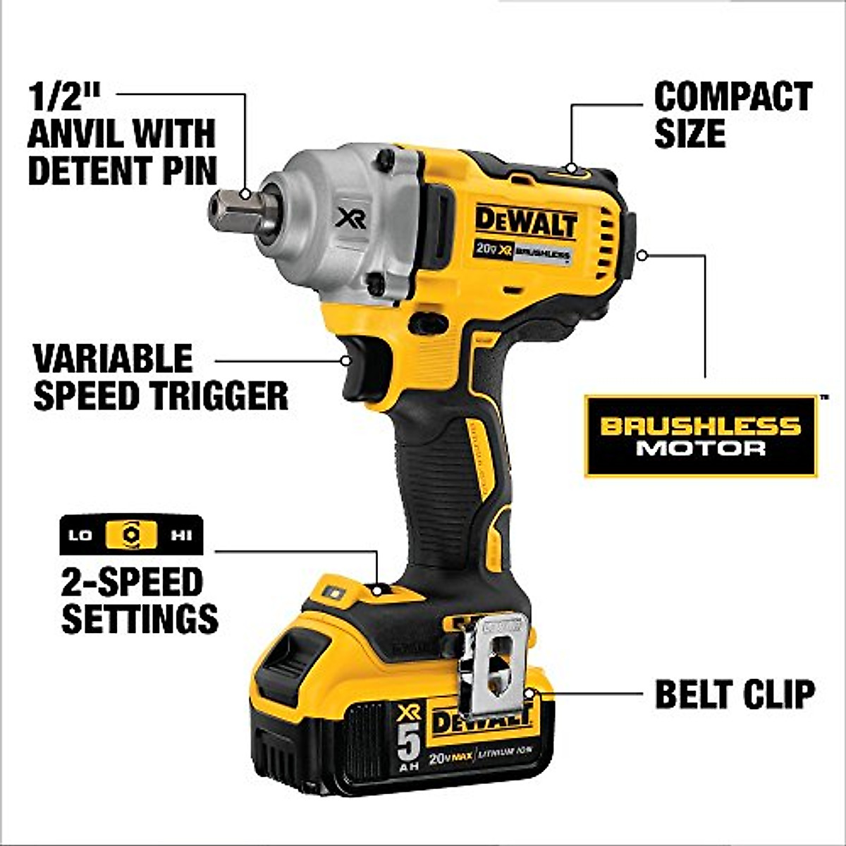 DEWALT 20V MAX* XR Cordless Impact Wrench Kit with Detent Pin Anvil, 1/2-Inch (DCF894P2)