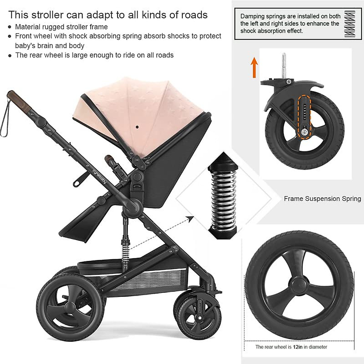 Baby Stroller for Newborn to Toddler, Cynebaby Bassinet Stroller Luxury Infant Pushchair Multi Position Reclining Pram with Mommy Bag/footmuff
