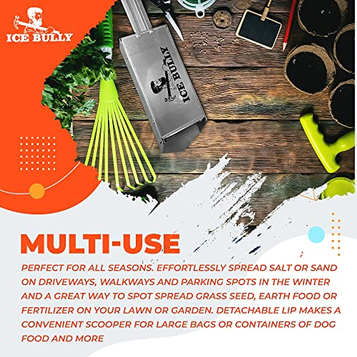 Ice Bully Handheld Spreader for Salt, Fertilizer, Feed, Seed and Sand Multi-Use Scoop Shaker to Easily Spread Snow and Ice Melt on Sidewalks, Walkways, Driveways and Parking Lots