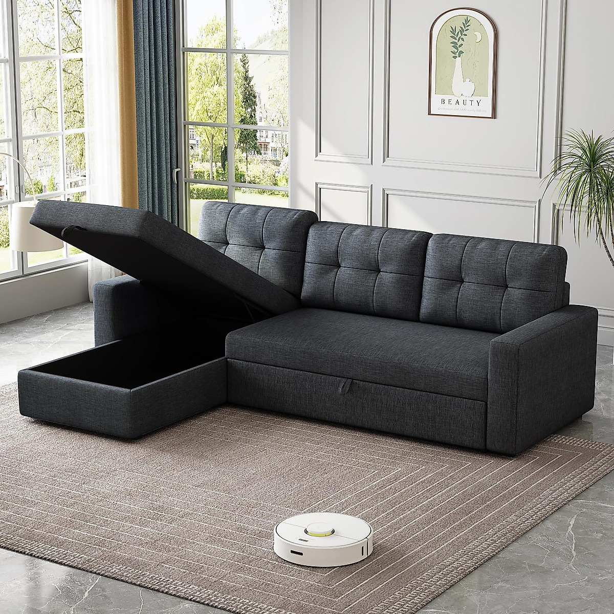 Favfurish 81.5" Sectional Sleeper Sofa with Storage Chaise, L Shaped Pull Out Couch Bed with 3 Removable Back Cushion for Living Room,Apartment,Dark Grey