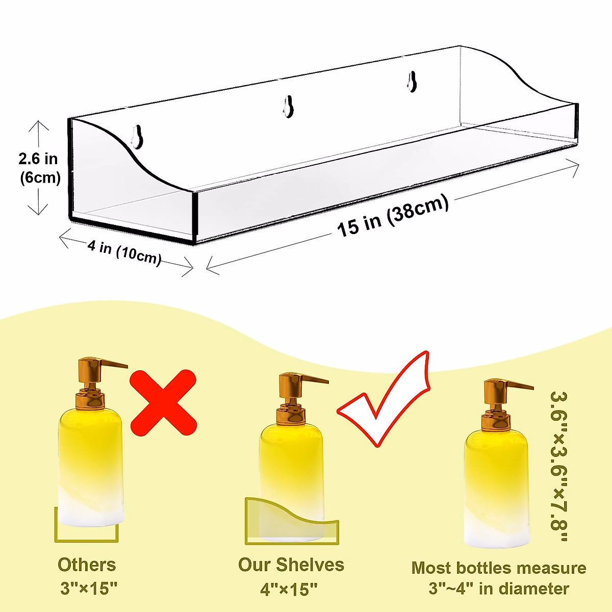 XQIGI Acrylic Bathroom Shelves Adhesive, 2 Pack Self Adhesive Clear Shower Shelves Transparent Floating Shelf Wall Mounted Thick Storage Rv Accessories Display No Drill Organization Decor