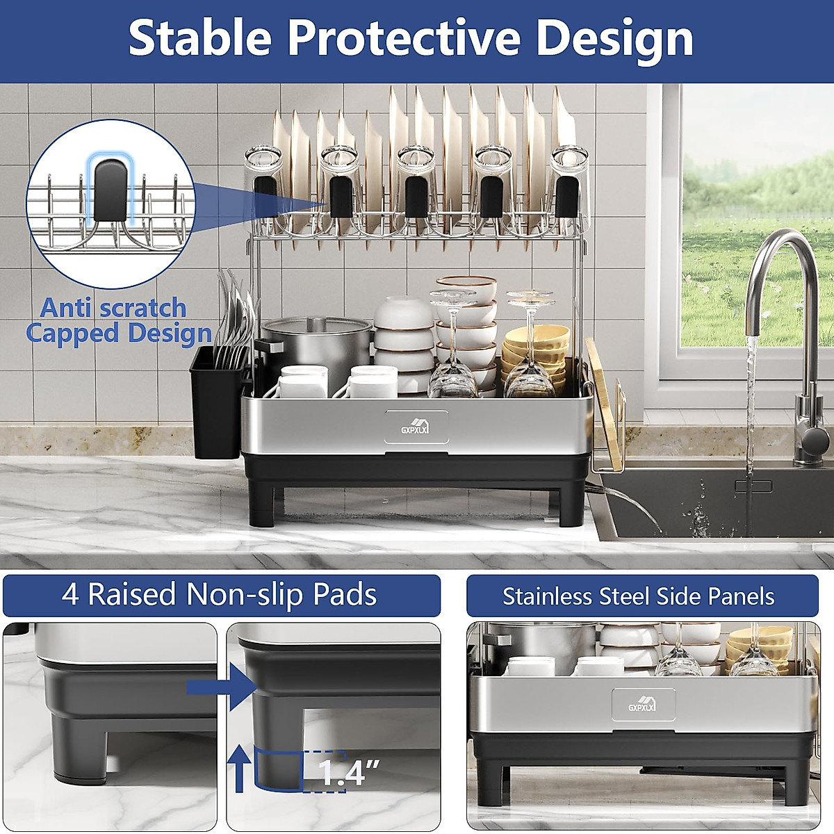 Gxpxlx 2 Tier Dish Drying Rack, 304 Stainless Steel Drying Dishwashing Rack with 360° Rotating Spout, Auto-Drain Dish Drainers with Drainboard, Utensil Holder, Large Dishrack for Kitchen Counter
