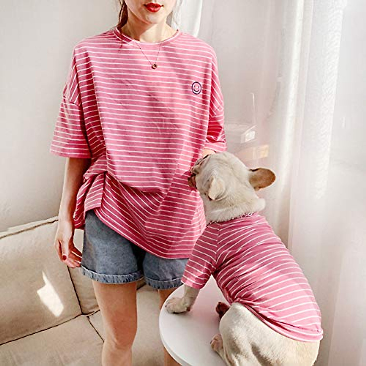 LXYDD Family Matching Set Matching Dog and Owner Clothes Pink Striped Cotton T Shirt Small Dog Clothes,Suitable for Small Dogs/Cats,M