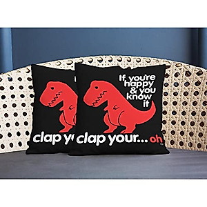 Vosach Dinosaur Outdoor Indoor Pillow Covers, Red Dino If You are Happy You Know It Home Decorative Throw Pillow Case Cushion Cover for Sofa/Bed/Patio/Garden/Balcony, 18x18 Inch, 2 Pcs