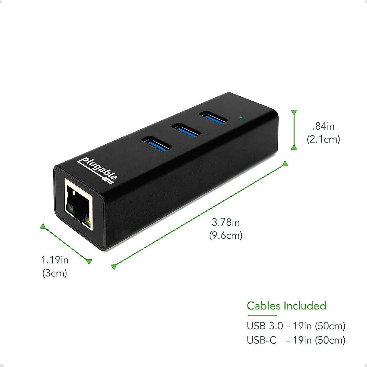 Plugable USB Hub with Ethernet, 3 Port USB 3.0 Bus Powered Hub with Gigabit Ethernet Compatible with Windows, MacBook, Linux, Chrome OS, Includes USB C and USB 3.0 Cables