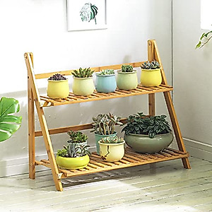 MoNiBloom Folding Bamboo Ladder Shelf 2 Tier Flower Pot Plant Display Rack Stand Organizer Holder for Home Garden Patio Balcony Indoor Outdoor Use, Natural