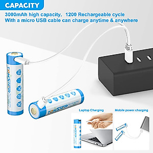TOMSHEIR 2 Pack 3.7V Rechargeable Batteries with Micro-USB Port Cable 3000mAh Battery for Flashlights, Camera, Headlamps, Doorbells, RC Cars, Sound Equipment