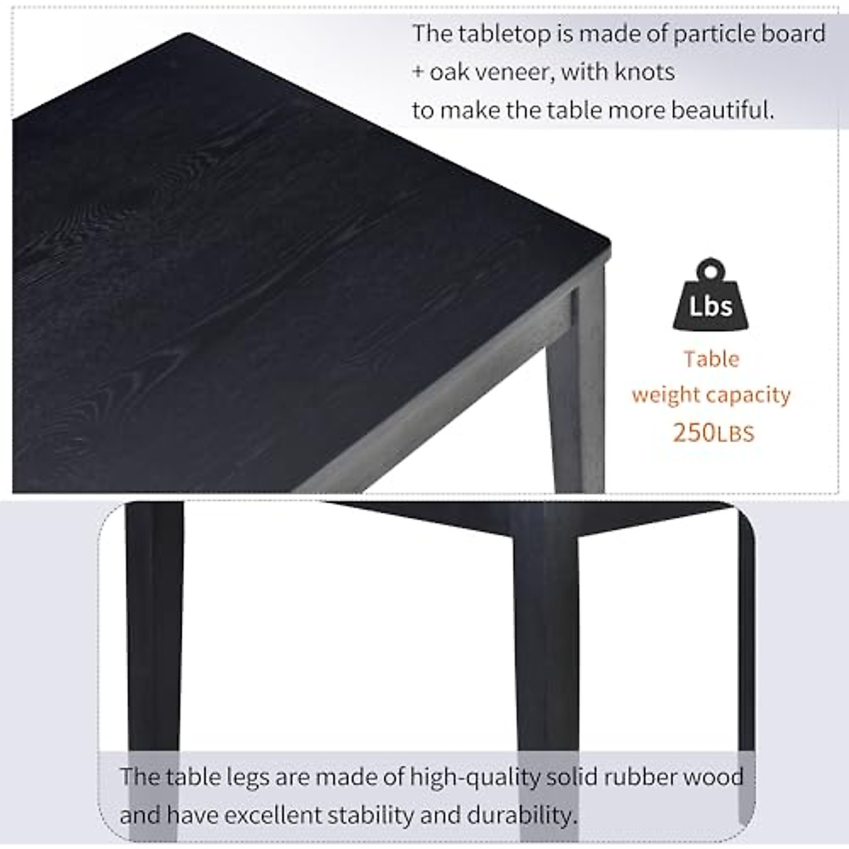 THINK 30 5-Piece Kitchen Dining Table Set, 48” Compact Table & Chair Set for Home, Dinning Room, 2-4 Person, Space Saving Wooden Rectangular Dining Table and 4 Upholstered Chairs-Black