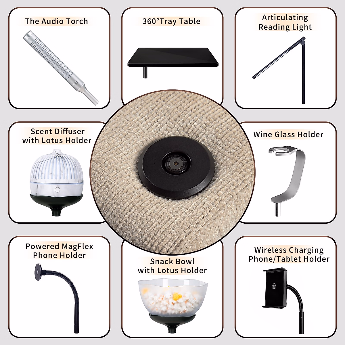 beyond SMART End Table with Audio,Upholstered Console, Modular Console with Cup Holder&Wireless Charging, Power Console Sofa Table, Almond