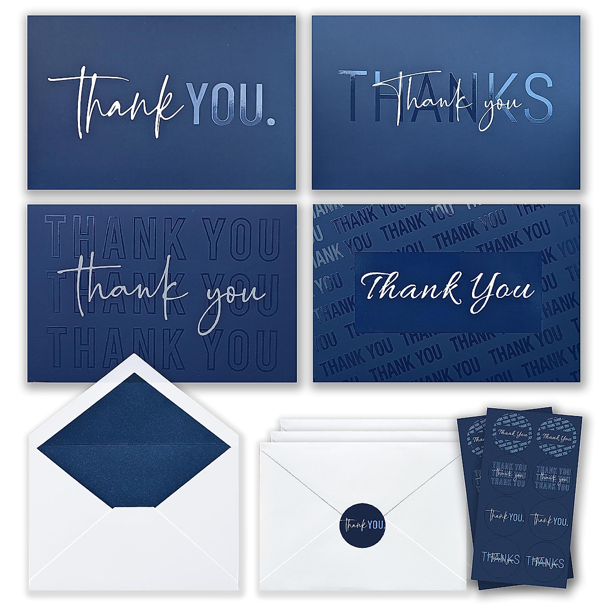 100 Thank You Cards with Envelopes and Stickers - 4 Unique Navy Blue Designs Bulk Blank Notes Luxury UV Printing for Business, Formal and All Occasions 4x6 Inch Blank Inside
