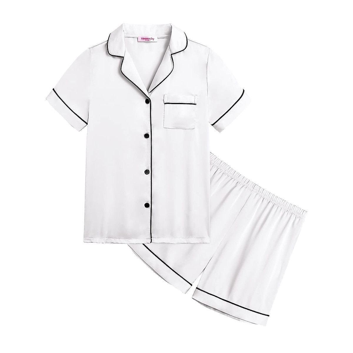 Veseacky Big Girls Boys Pajamas Set Satin Silk Short Sleeves Sleepwear 2 Piece Button-Down Classic Pjs Set (White,12y)