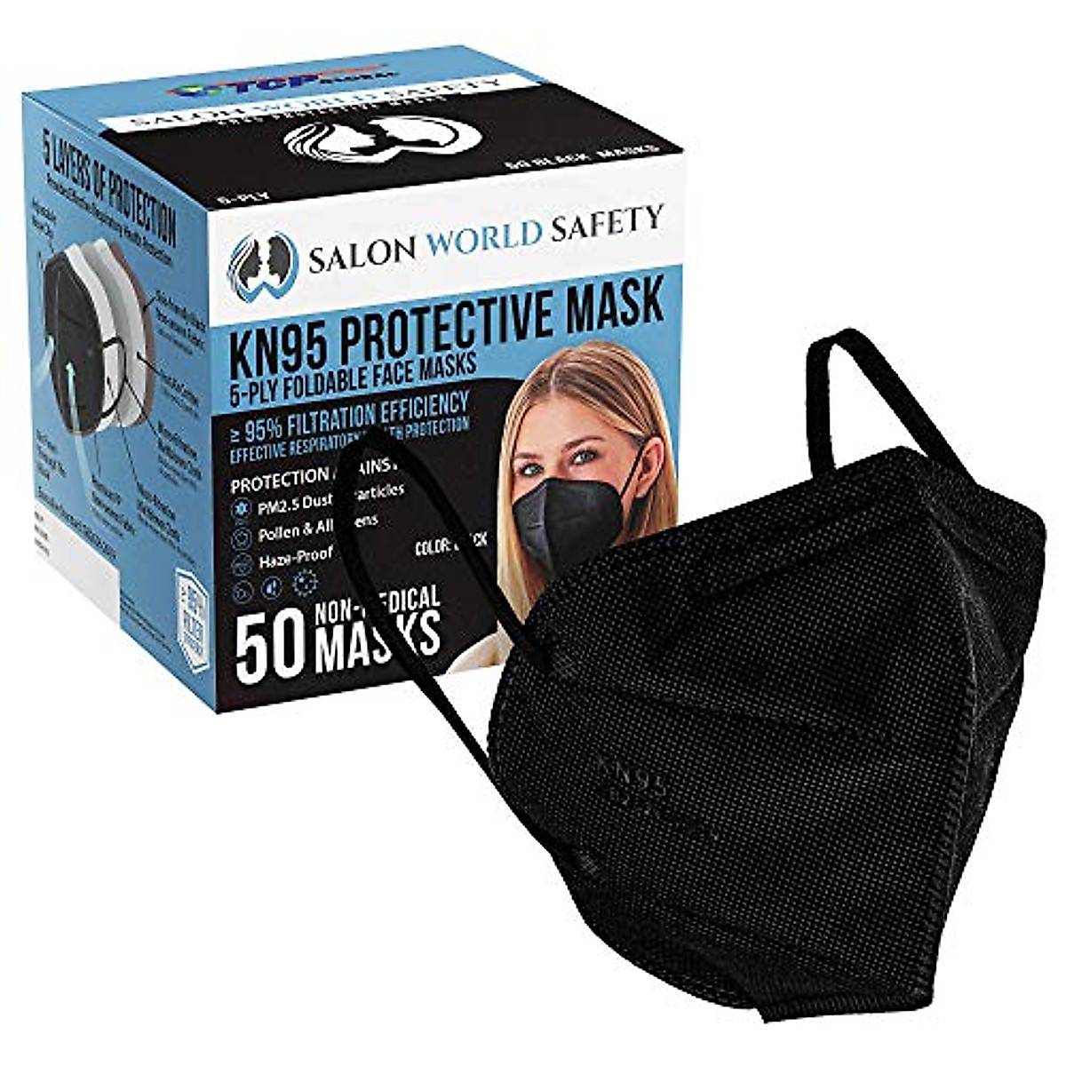 Salon World Safety Black KN95 Protective Masks, Box of 50 - Filter Efficiency ≥95%, 5-Layers, Sanitary 5-Ply Non-Woven Fabric