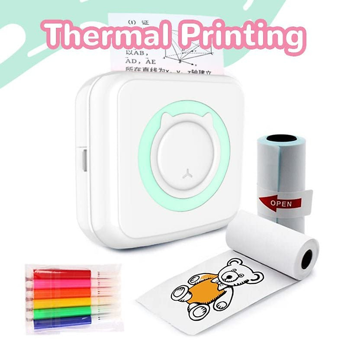 SENOY Portable Mini Thermal Printer, Mini Bluetooth Rechargeable Portable Mobile Printer Compatible with iOS + Android for Print Pictures, Labels, Notes (5 Rolls HD Printing Paper)