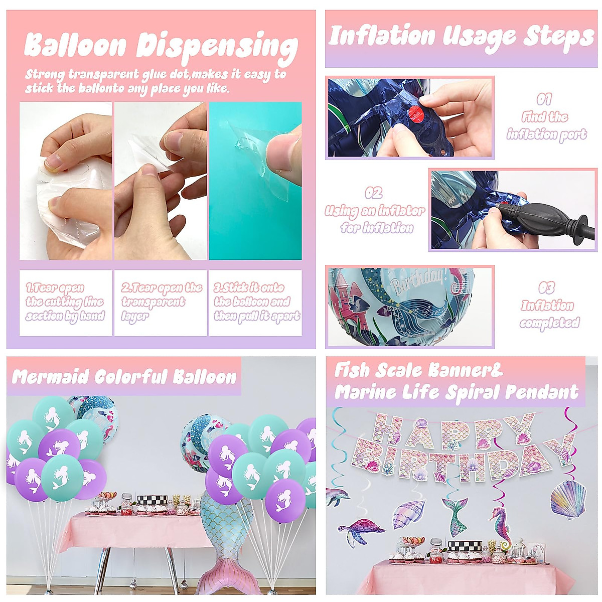 192pcs Mermaid Birthday Party Decorations, Happy Birthday Little Mermaid Theme Party Supplies Including Balloons Banner Tablecloth Plates Cups Napkins Cake Topper Gift Bag for Girls Kids Serve 20