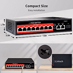 STEAMEMO 11-Port Ethernet Unmanaged PoE Switch, 8 PoE+ Ports@100W, 2 Gigabit Uplinks, 1*1.25G SFP Port, 250m Extend Mode, Fanless Sturdy Metal ,Plug and Play, Desktop or Wall Mount