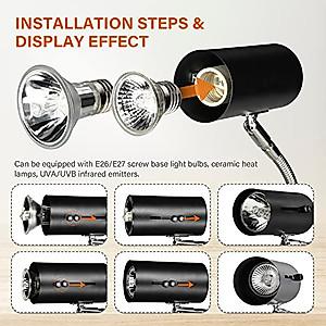 Simple Deluxe Reptile Lamp Fixture Holder Clamp Lengthened Adjustable Socket with Wider and Deeper Spot Light Barrel Dimmable Switch 25W UV Bulb Included, for Lizard Tortoise Snake Aquarium Habitat