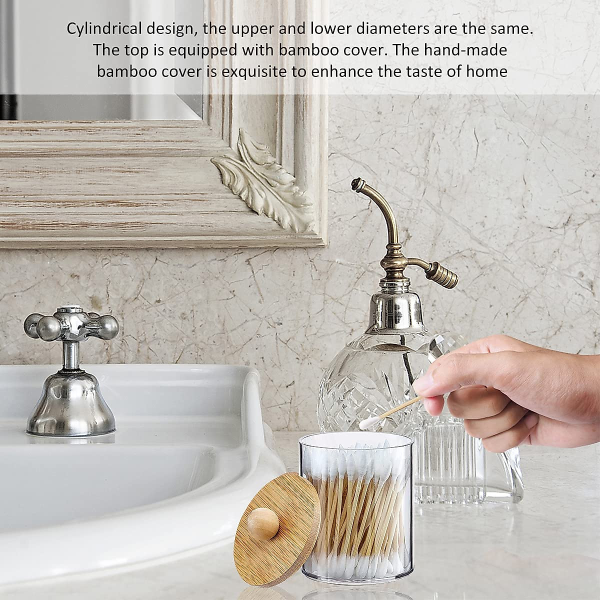 3Pcs Qtip Holder Dispenser, Apothecary Jars with Bamboo Lids, Clear Acrylic Bathroom Jars with Tray, Cotton Swab Storage Dispenser, Reusable Bathroom Canisters, Cotton Swab Holder Dispenser for Makeup