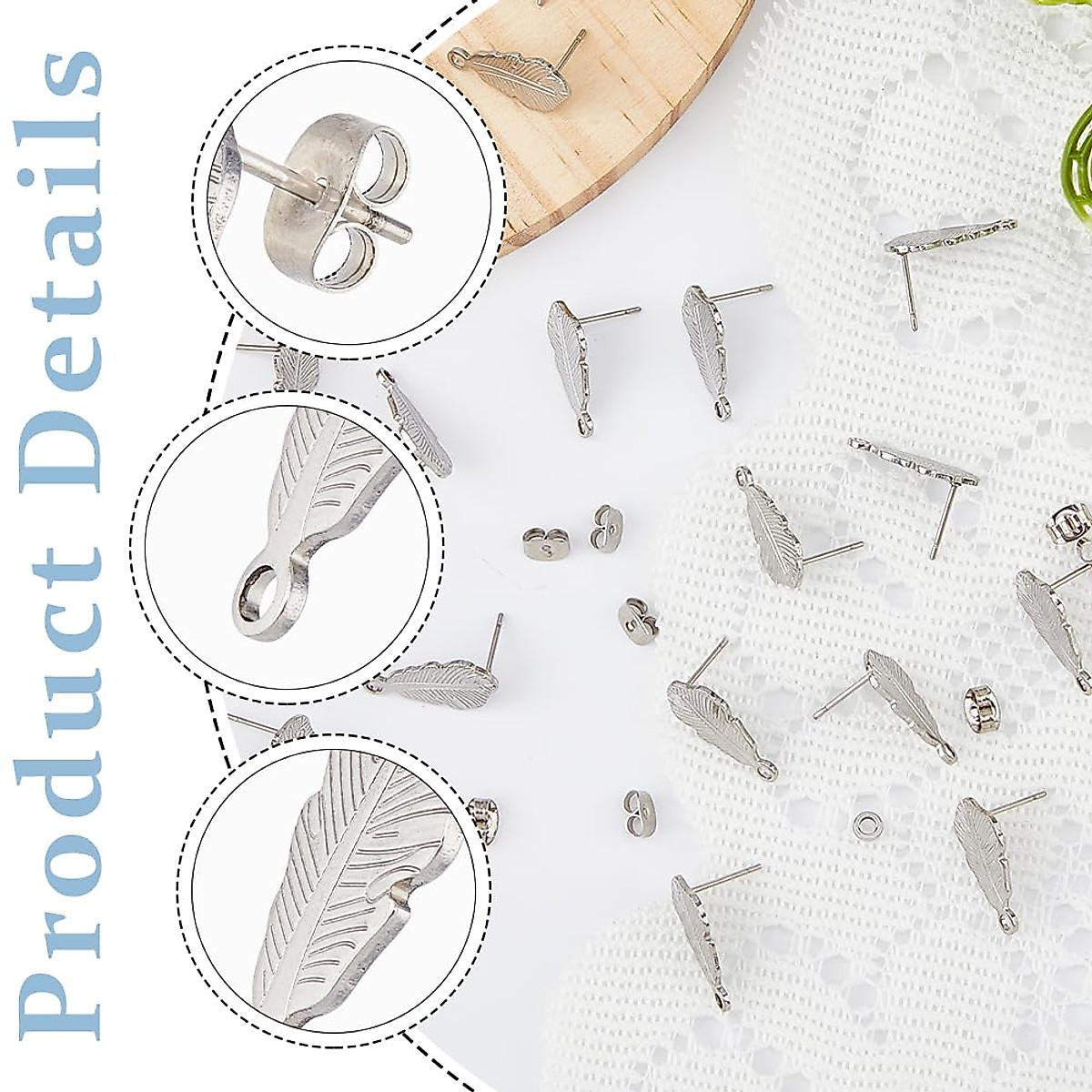 DICOSMETIC 30Pcs Leaf Stud Earrings Ear Stud Post Leaf Pad Nature-Inspired Ear Studs Earring Posts with Hole 1.8mm Stainless Steel Studs Findings with 60Pcs Ear Nut for Earring Making