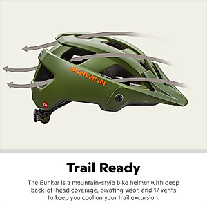 Schwinn Bunker ERT Bike Helmet for Adult Men Women, Can Fit Head Circumference 59-63cm, with 17 Air Vents, Pivoting Visor, & Adjustable Locking Strap, Large, Green