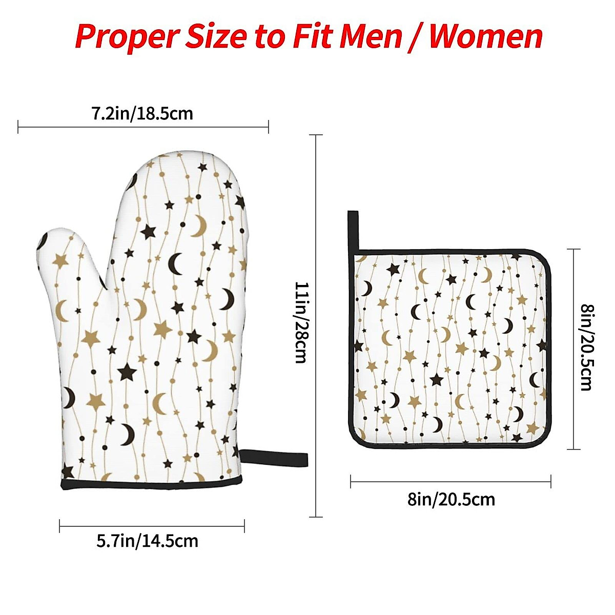 Oven Mitts and Pot Holders Sets 4 Piece, Black Gold Moon Stars Oven Gloves Heat Resistant Non-Slip for Kitchen Cooking Grilling Baking