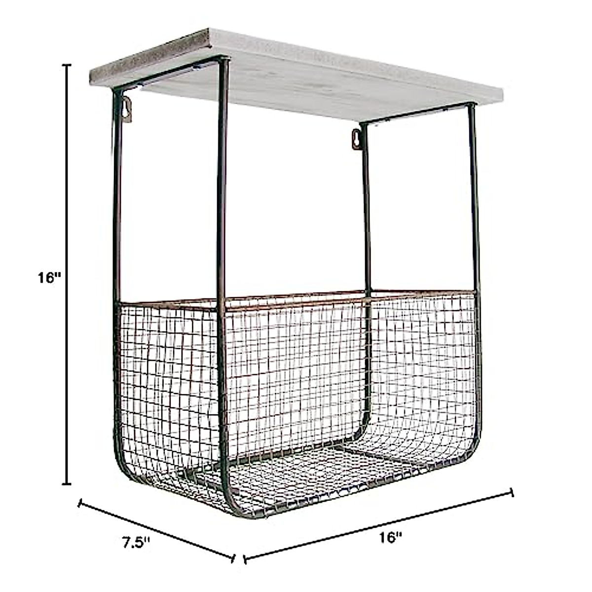 VIP Home and Garden Wooden Floating Shelf with a Metal Basket, Wall Mounted, Farmhouse Décor, 16 Inches, White, Brown