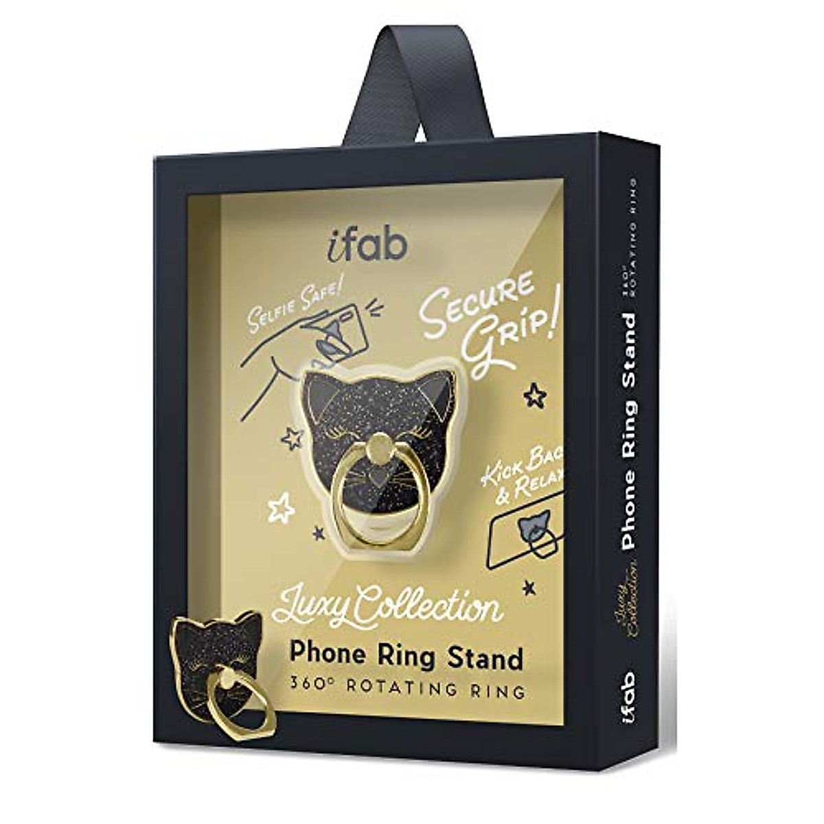 Cellphone Ring Holder Finger Kickstand (2 Pack) - ifab 360° Rotation/Sturdy/Reusable/Grip/Stand/ Universal - Compatible with All Smartphones - Cat Black
