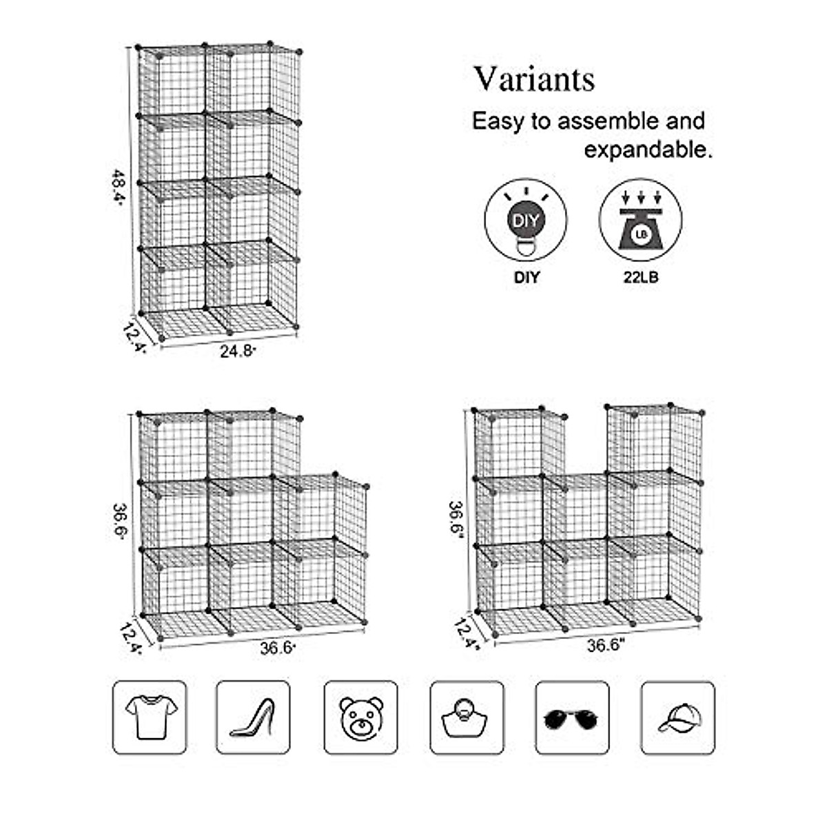 C&AHOME Wire Cube Storage, 8-Cube Organizer Metal C Grids Storage, Storage Bins Shelving, Modular Book Shelf, DIY Closet Cabinet Ideal for Living Room, Home, Office 24.8" L x 12.4" W x 48.4" H Black