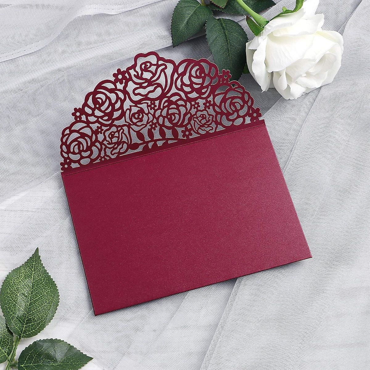 YIMIL 20 Pcs 5.12 x 7.21 inch Tri-fold Laser Cut Wedding Invitation Pocket for Wedding Quinceanera Bridal Shower Baby Shower Party Invite (Burgundy)