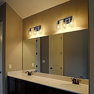 Bathroom Vanity Light Fixtures, 3-Light Black Bathroom Lights over Mirror Modern Wall Sconces Lighting, Matte Black Bathroom Wall Lights with Clear Glass Shade for Mirror, Hallway, Powder Room