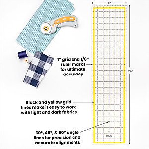 WA Portman Rotary Cutter Set & Cutting Mat for Sewing - 45mm Rotary Cutter for Fabric & 5 Blades - 24x36 In Fabric Cutting Mat - 6x24 In Acrylic Ruler for Cutting Fabric - Rotary Cutter and Mat Set