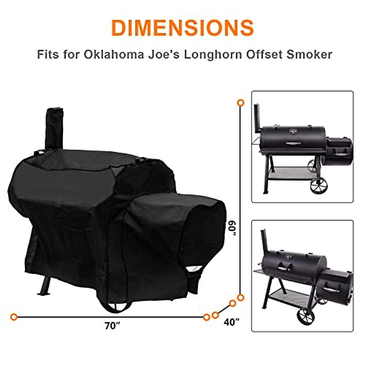 Grisun Grill Cover for Oklahoma Joe's Longhorn Offset Smoker, Anti-UV Waterproof Offset Smoker Cover for Oklahoma Joe's 13201747-50, Heavy-Duty 600 D Polyester, Black (70" L x 60" H x 40" W)