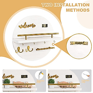 LEIRUOTM Key Holder for Wall, Key and Mail Holder Organizer with - Key Holder Wall Mount - Round Wooden Rustic Home Decor for Entryway, Mudroom, Hallway, Kitchen Office (White)