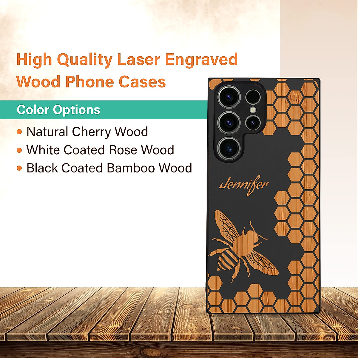 Personalized Wood Phone Case for Samsung Series + FREE Tempered Glass, Engraved, and UV Printed Case for Samsung 23/22/21 series Phone Case with Free Screen Protector (Bee Honeycomb)