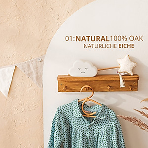 MINICAMP Coat Rack Shelf Wall Mounted - Solid Oak Coat Hooks for Door with 4 Pegs and Shelf - Wooden Peg Rail Kids Storage - Floating Handmade Baby Nursery Products - Scandi Decor