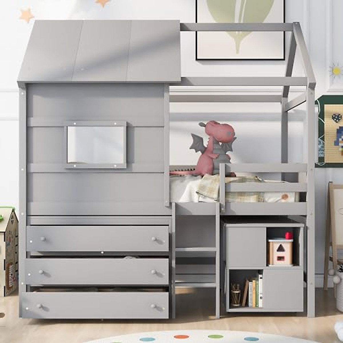 Twin Size House Loft Bed with Storage Desk and 3 Drawer Chest, Wood Loft Bed with Safety Guard Rails, Multi-Functional Loft Bed for Kids Boys Girls Teens Bedroom, Maximize Space Savings (Gray 014)
